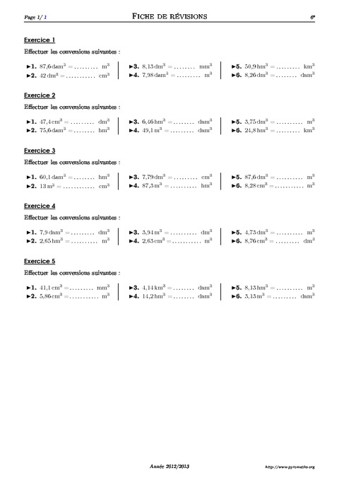 Conversions unités de volumes - 6ème – Exercices corrigés ...