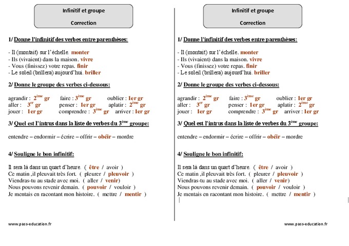 Infinitif - Groupe - Ce2 – Exercices Corrigés - Pass Education