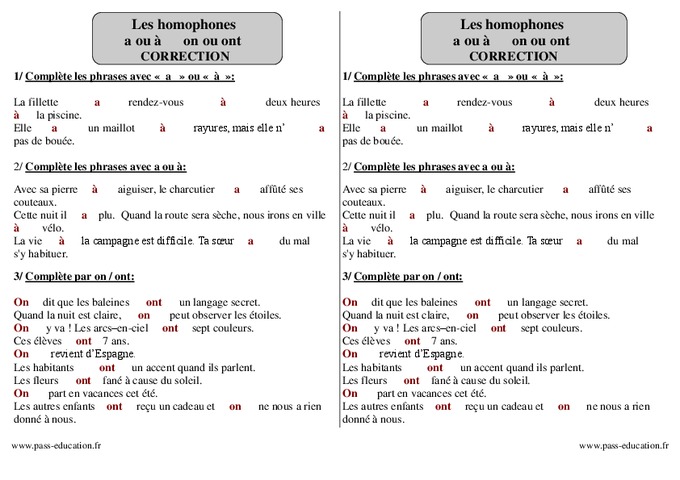 a - à / on - ont - Ce2 - Homophones - Exercices corrigés - Pass Education