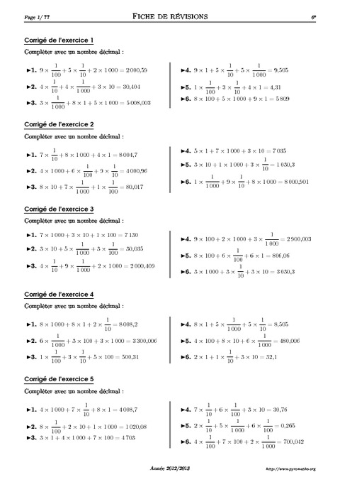 Décomposition de décimaux - 6ème - Exercices corrigés - Mathématiques ...