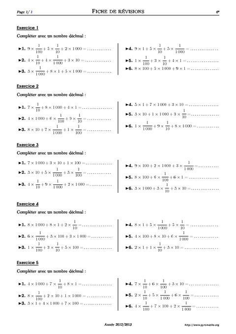 Décomposition de décimaux - 6ème - Exercices corrigés - Mathématiques ...