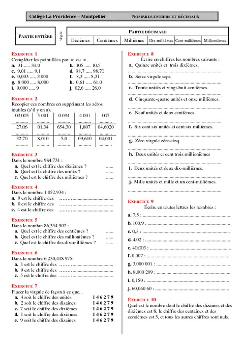 Nombres décimaux - Comparaison et ordre - 6ème - Exercices - Correction ...