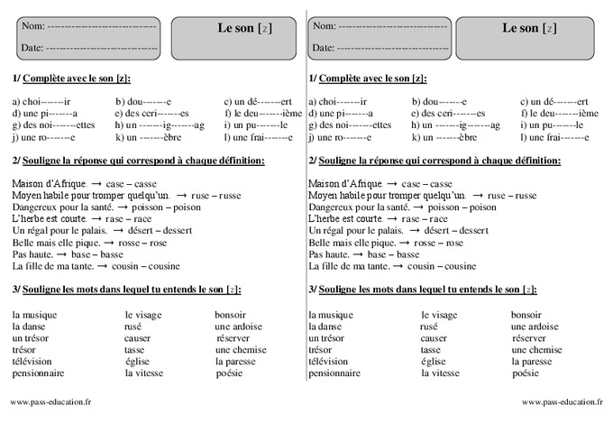 Son [z] - Ce2 - Exercices avec correction - Pass Education