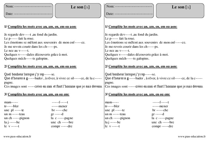 Son an en - Ce2 - Exercices corrigés - Orthographe - Pass Education