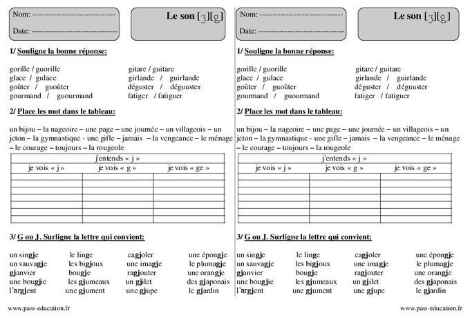 Son [g] - Ce2 - Exercices corrigés - Pass Education