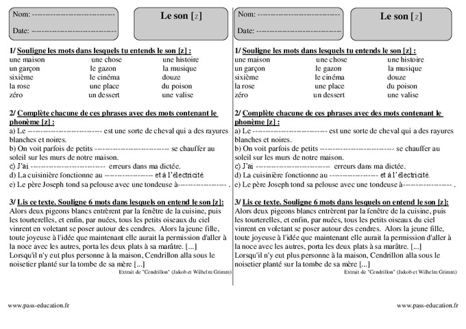 Son [z] - Ce2 - Exercices avec correction - Pass Education