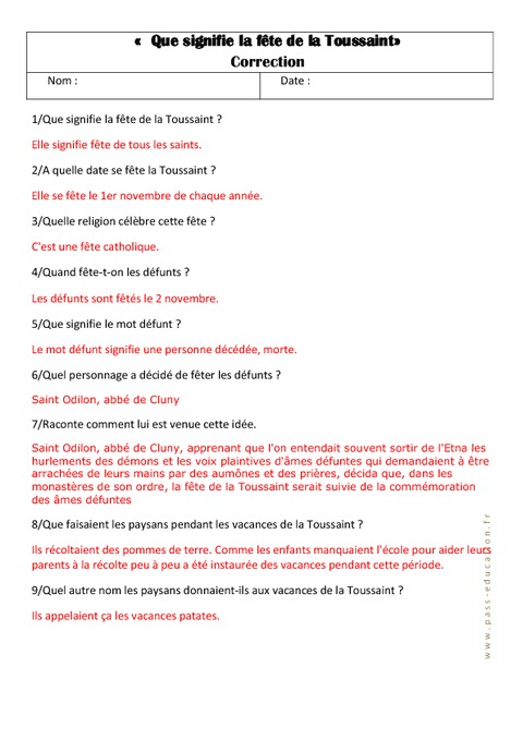 Fête de la Toussaint - Ce2 Cm1 Cm2 - Signification - Lecture ...