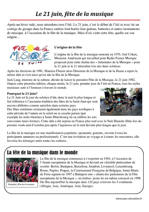 La fête de la musique - 21 juin - Ce2 - Cm1 - Cm2 - Lecture ...