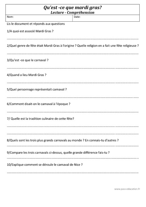 Mardi gras - Texte documentaire - Lecture - Compréhension - Cycle 2 ...