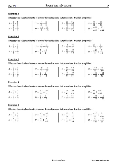 Produits et quotients de fractions - 4ème – Exercices corrigés ...