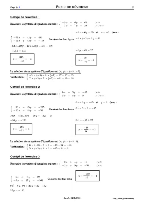 Système d'équations – 3ème – Exercices corrigés – Mathématiques ...