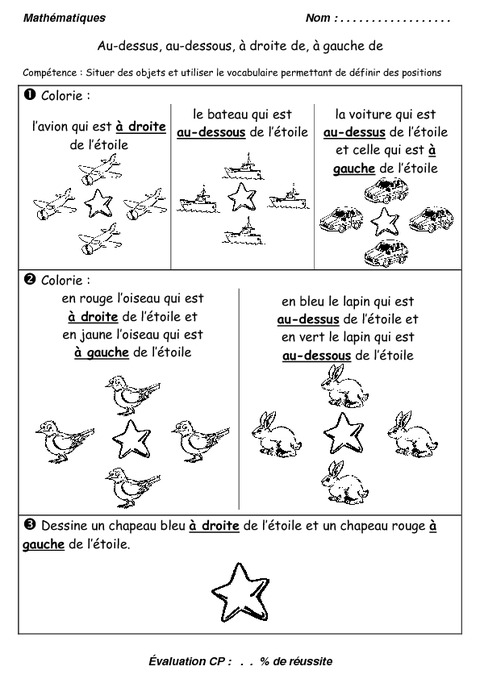 Au-dessus, au-dessous, à droite de, à gauche de - Cp - Evaluation ...