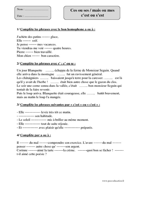 Ces ses - Mais mes - C'est s'est - Cm1 - Exercices corrigés ...