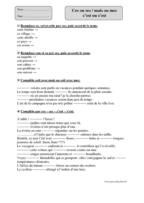 Ces ses - Mais mes - C'est s'est - Cm1 - Exercices corrigés ...