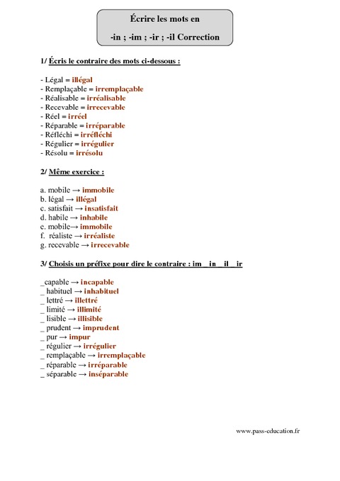 Écrire les mots en -in ; -im ; -ir ; -il - Cm1 – Exercices corrigés ...