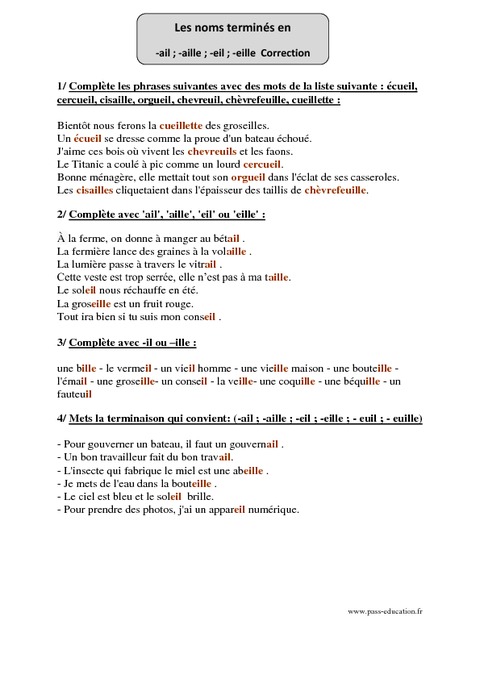 Noms en eil eille ail aille - Cm1 - Exercices corrigés - Orthographe ...