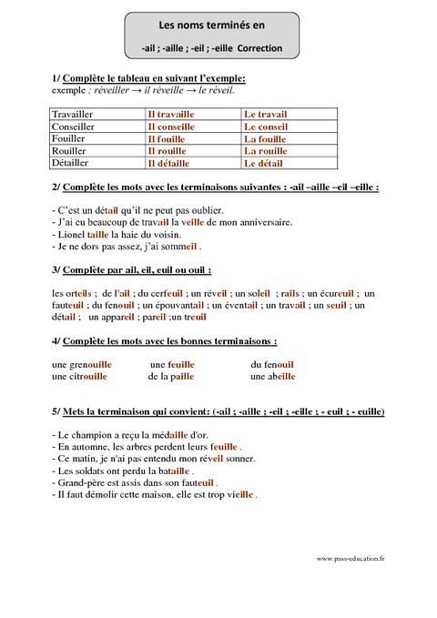 Noms en eil eille ail aille - Cm1 - Exercices corrigés - Orthographe ...