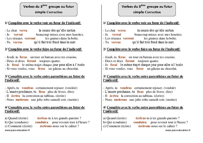 Futur simple - 3ème groupe - Ce2 – Exercices corrigés - Pass Education