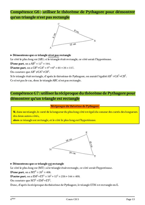 Théorème de Pythagore – 4ème – Géométrie – Cours – Exercices – Collège – Mathématiques - Pass ...