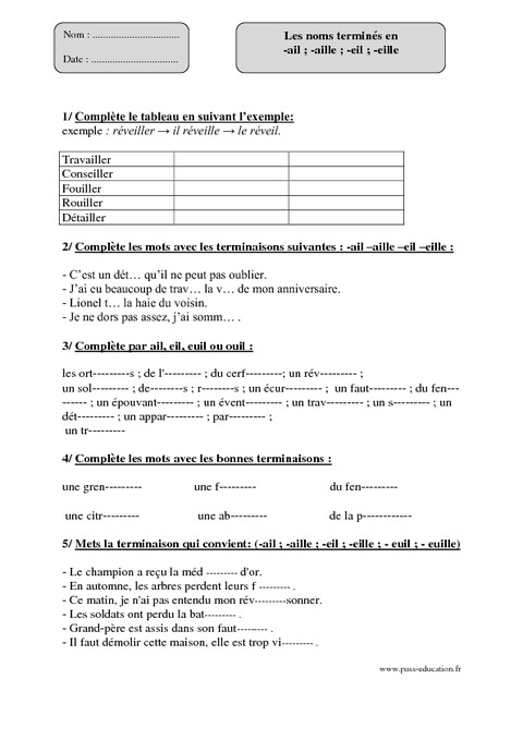 Noms en eil eille ail aille - Cm1 - Exercices corrigés - Orthographe ...