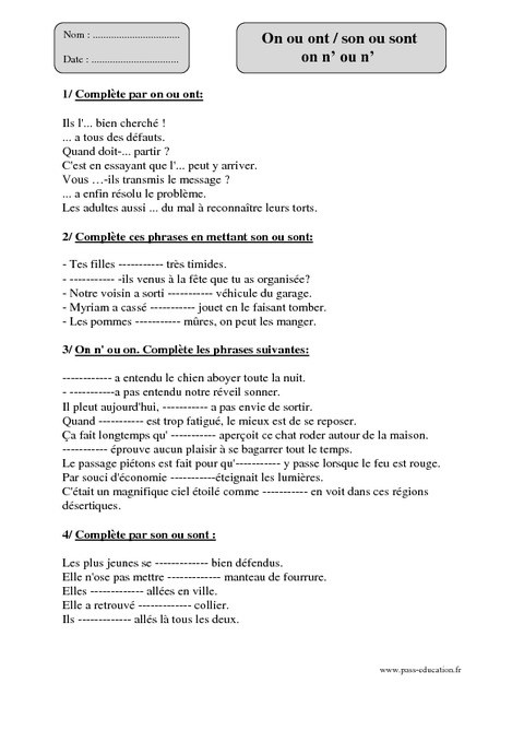 On ont - son sont - On n' n' - Cm1 - Exercices corrigés - Homophones ...