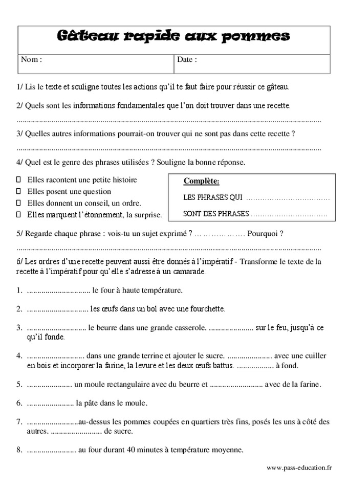 Recette - Le gâteau aux pommes - Ce2 – Lecture - Textes prescriptifs ...
