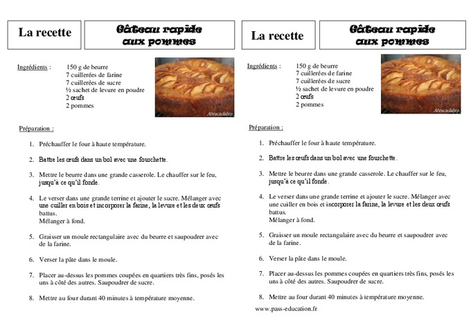 Recette - Le gâteau aux pommes - Ce2 – Lecture - Textes prescriptifs ...