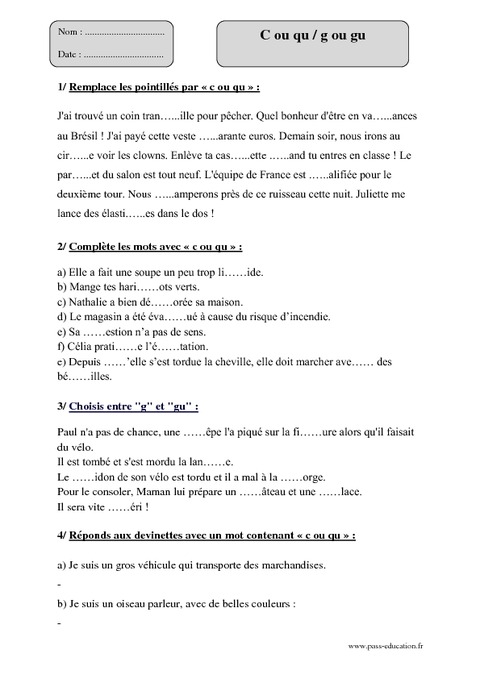 C ou qu - g ou gu - Cm2 – Sons difficiles - Exercices corrigés ...