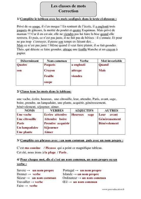 Classes de mots – Cm2 – Exercices corrigés – Grammaire – Cycle 3 - Pass ...