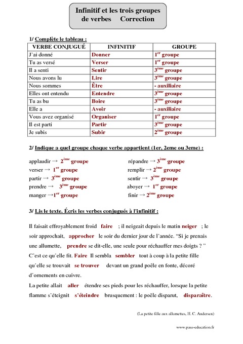 Infinitif - Trois groupes de verbes – Cm2 – Exercices corrigés ...