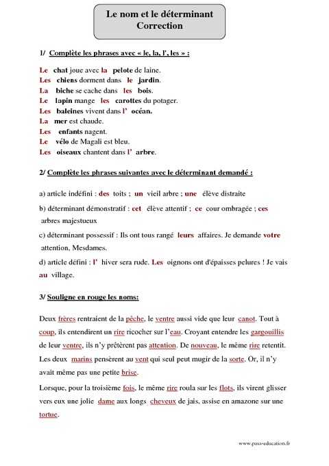 Nom - Déterminant – Cm2 – Exercices corrigés – Grammaire – Cycle 3 ...