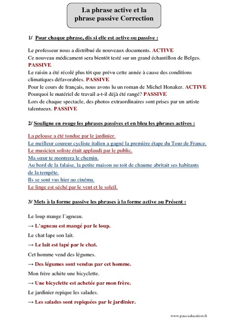 Phrase active - Phrase passive – Cm2 – Exercices corrigés – Grammaire ... Phrase active - Phrase passive – Cm2 – Exercices corrigés – Grammaire ...