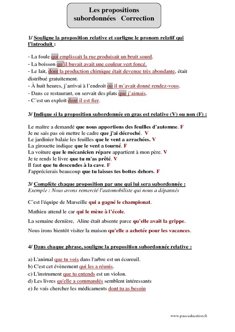Propositions Subordonnées Cm2 Exercices Corrigés Grammaire