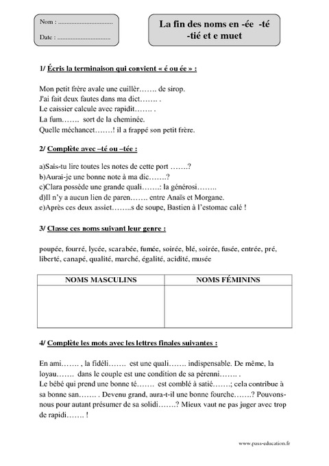 Fin des noms en -ée -té -tié et e muet – Cm2 – Exercices corrigés ...