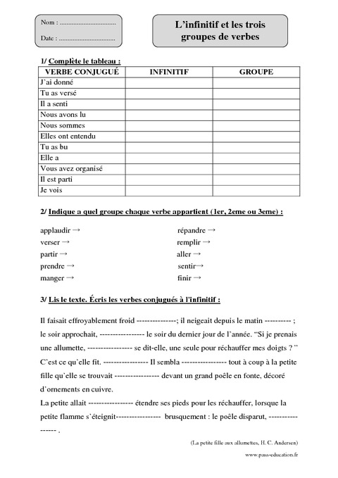 Infinitif - Trois groupes de verbes – Cm2 – Exercices corrigés ...