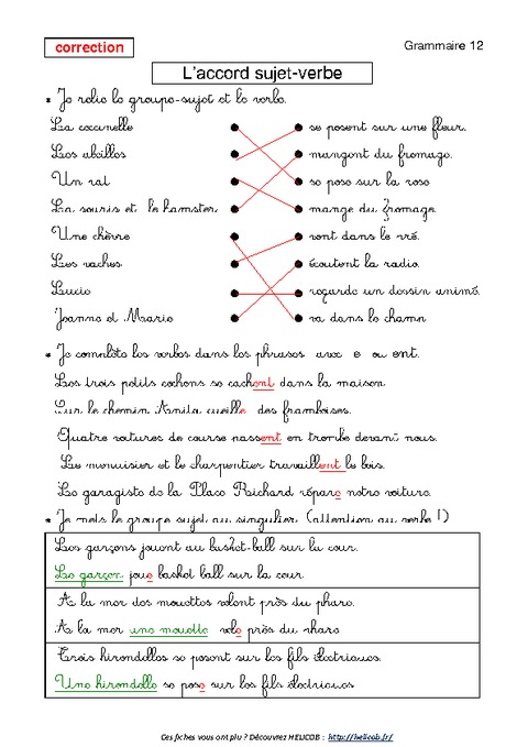 Accord sujet-verbe - Ce2 - Exercices avec correction - Pass Education