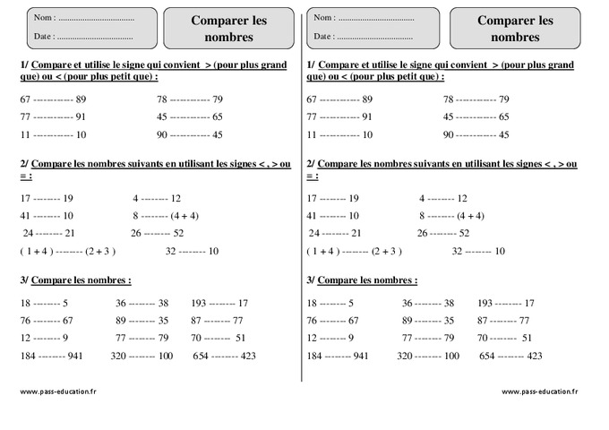 Comparer les nombres – Ce1 – Exercices corrigés – Numération ...