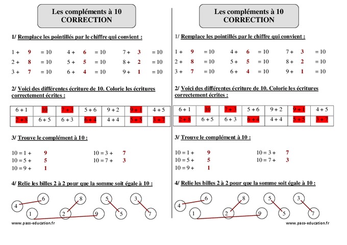 Compléments à 10 – Ce1 – Exercices corrigés – Numération ...