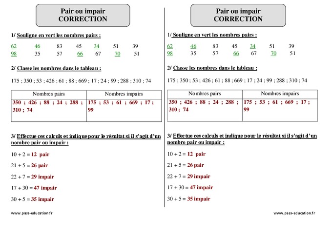 Pair ou impair – Ce1 – Exercices corrigés – Numération – Mathématiques ...
