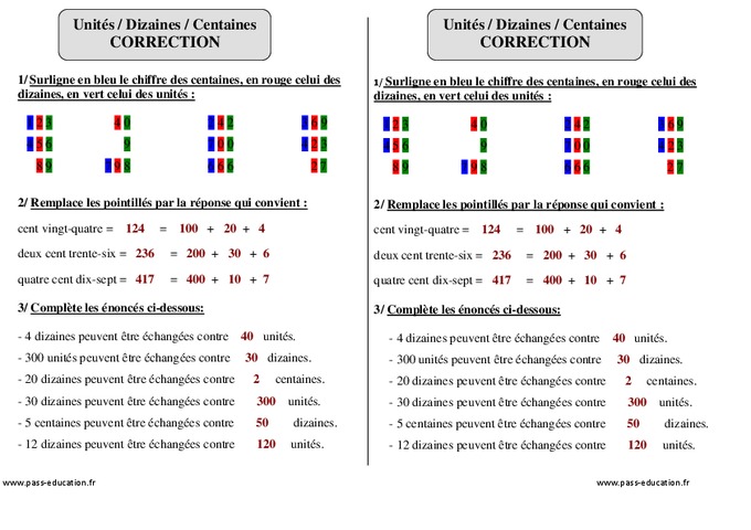 Unités - Dizaines- Centaines – Ce1 – Exercices corrigés – Numération ...