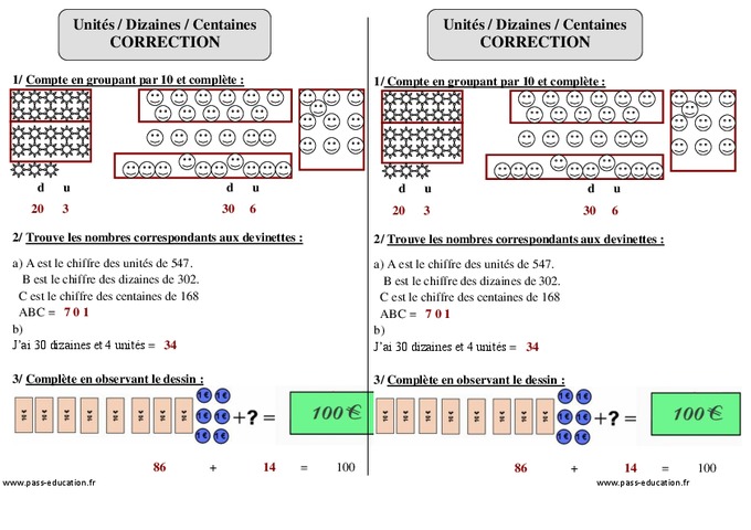 Unités - Dizaines- Centaines – Ce1 – Exercices corrigés – Numération ...