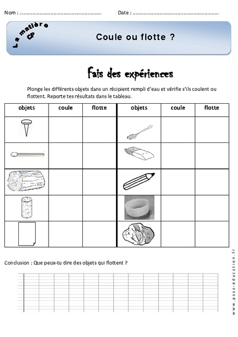 Coule - Flotte – Eau - Cp – Exercices – Matière – Découverte du monde ...