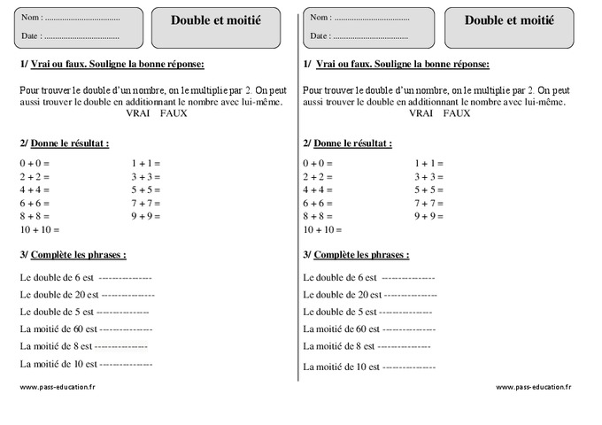 Double et moitié – Ce1 – Exercices corrigés – Numération ... Double et moitié – Ce1 – Exercices corrigés – Numération ...