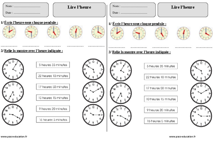 Lire l'heure – Ce1 – Exercices corrigés – Mesures – Mathématiques ...