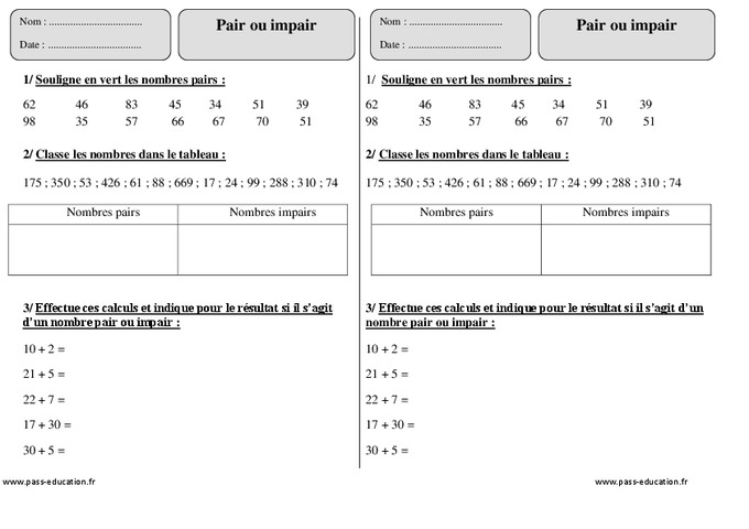 Pair ou impair – Ce1 – Exercices corrigés – Numération – Mathématiques ...