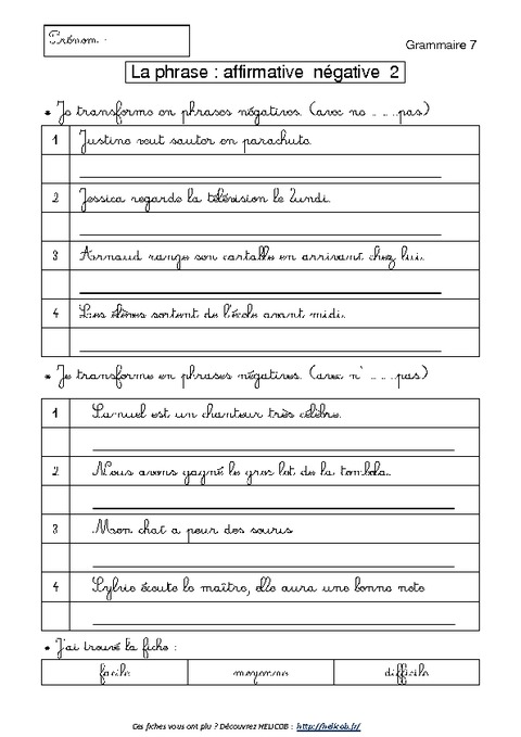 Phrase affirmative - Phrase négative - Ce1 - Grammaire - Exercices ...