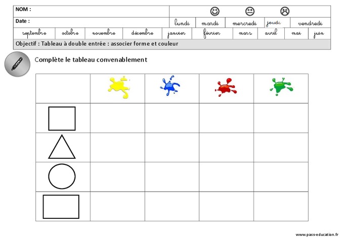 Tableau à double entrée - Formes - Grandeurs – Maternelle – Grande ...