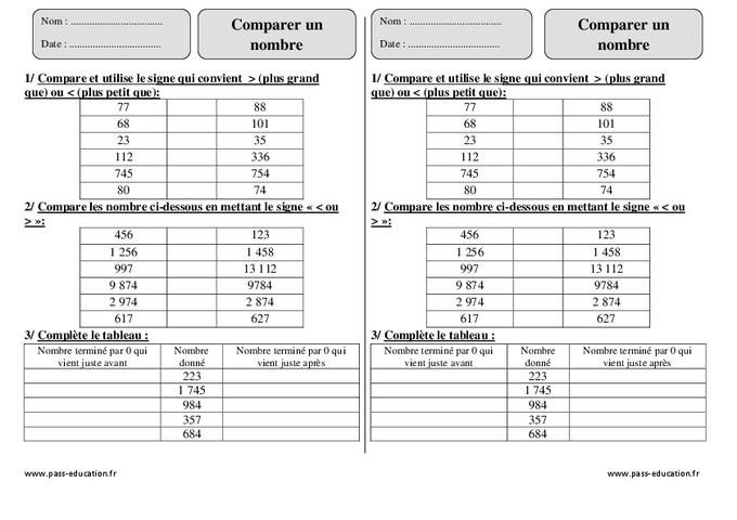 Comparer un nombre – Ce2 – Exercices - Plus grand que ou plus petit que ...