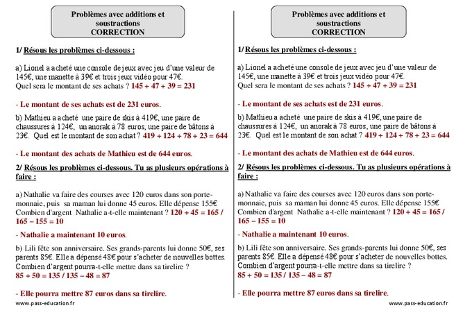 Additions - Soustractions – Ce2 – Problèmes – Exercices corrigés ...
