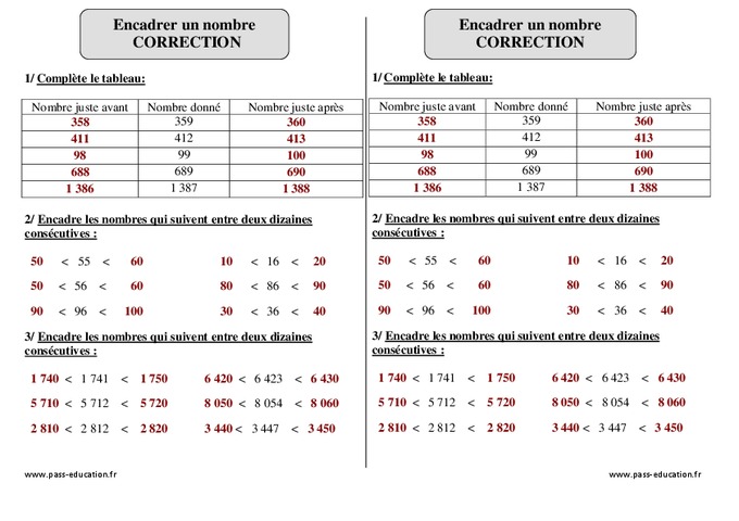 Encadrer un nombre – Ce2 – Exercices corrigés - Numération - Pass Education